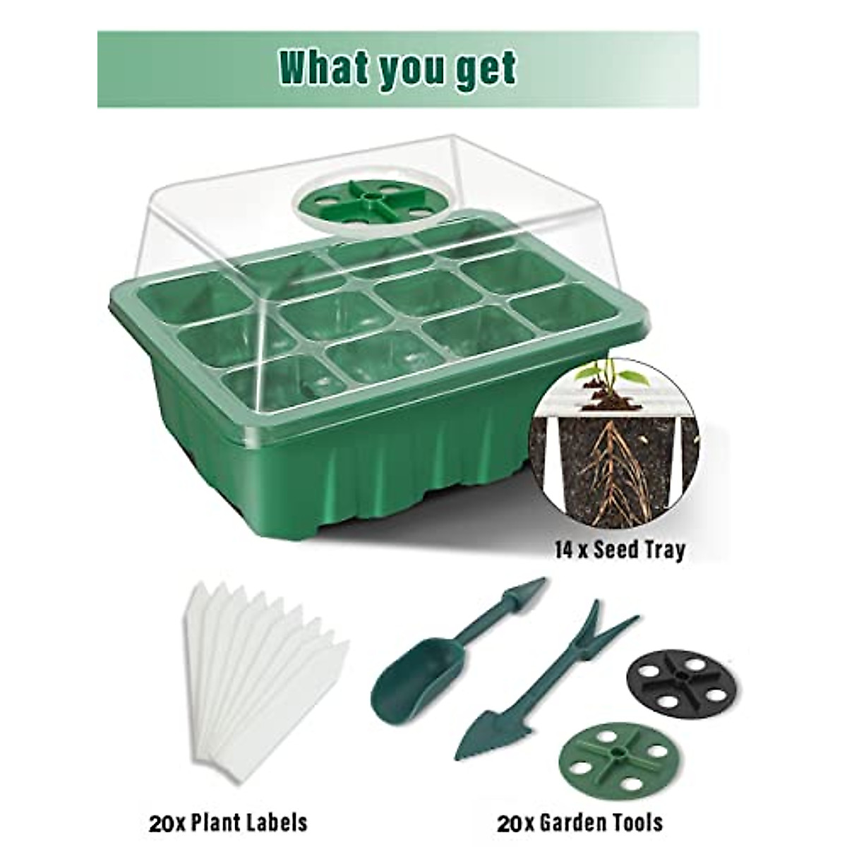 14 Packs Seed Starter Tray, 168 Cells Total Tray, Seed Starting Kit with Adjustable Humidity Dome and Base Plant Starter Kit Mini Greenhouse Germination Kit with 2 Garden Tools and 20 Plant Labels