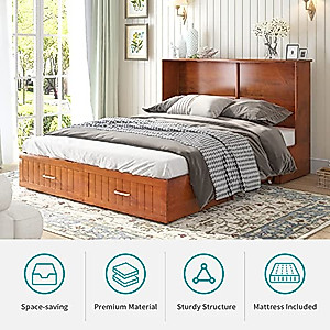 BALUS Murphy Bed Cabinet with Mattress,Modern Muti-Functional Cube Cabinet Bed with USB Charging Station&2 Large Drawers&3 Level Folding Foam Mattress for Living Room/Apartment/Loft,Queen, Redwood