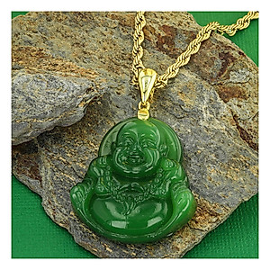 Smiling Laughing Buddha Green Jade Pendant Necklace Rope Chain Genuine Certified Grade A Jadeite Jade Hand Crafted, Jade Necklace, Gold Buddha necklace, Buddha chain, Jade Medallion 24" Rope Necklace