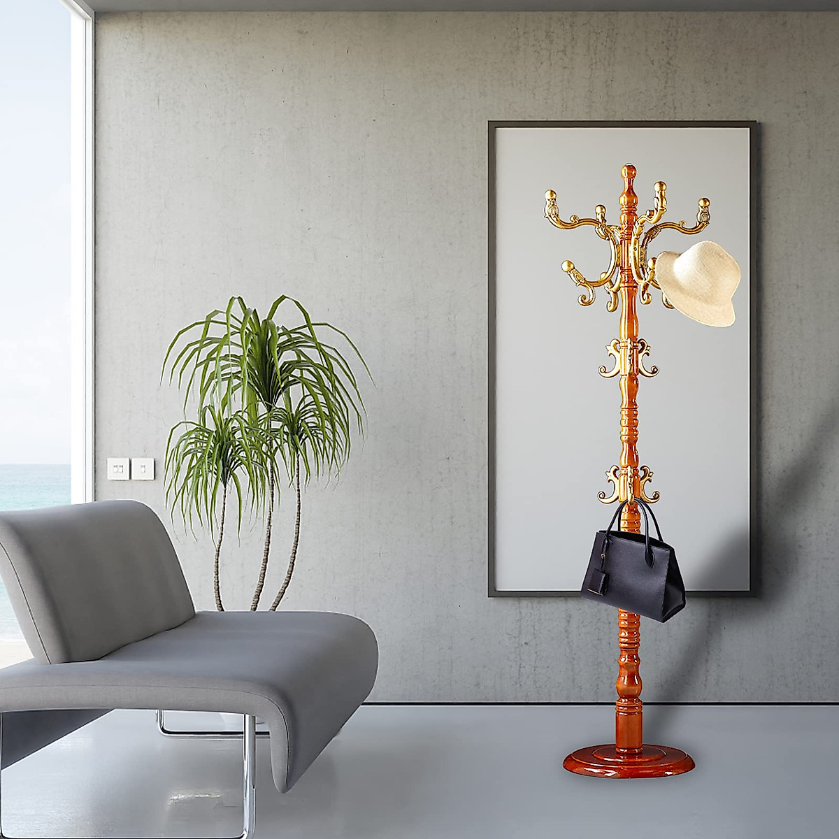 High-Grade Coat Rack Freestanding Coat Rack Stand, Wooden Coat Rack Stand with 14 Hooks, Coat Rack Wooden Tree for Coats, Hats, Bags, Purses, for Entryway Hallway Foyer Office Closet (Mahogany color)