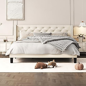 Lonkwa Full Size Bed Frame with Upholstered Wingback Headboard, Beige Platform Bed Frames with Tufted Diamond Button Headboard, Sturdy Wooden Slats, Noise-Free, Easy Assembly