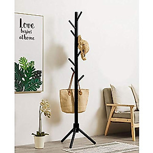 Alotpower Wooden Tree Coat Rack Stand, 3 Adjustable Sizes, 8 Hooks - Super Easy Assembly NO Tools Required - Free Standing Solid Coat Hanger Stand for Clothes, Suits, Accessories (Black)