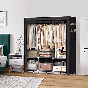 LOKEME Portable Closet, Portable Closets for Hanging Clothes with 3 Hanging Rods and 6 Storage Shelves, Black Closet, Easy to Assemble Wardrobe Closet with 4 Side Pockets