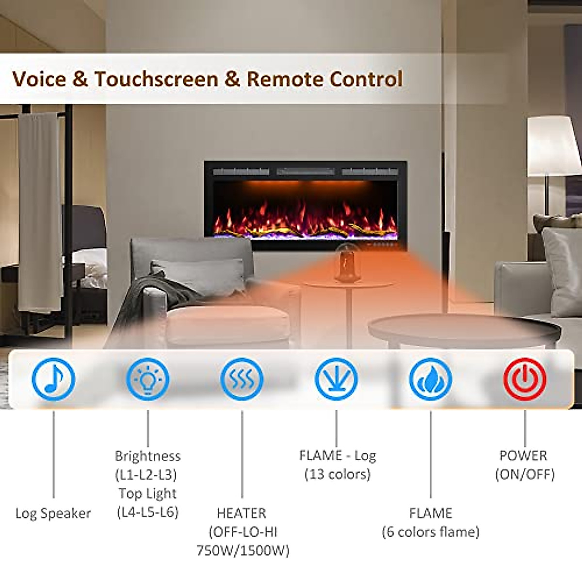 Mystflame 72 Inch WiFi-Enabled Electric Fireplace Inserts & Wall Mounted, Slim Electric Fireplace Heater, 750/1500w, Adjustable Flame Color, Remote Control & Touch Screen, Logs & Crystals, Black
