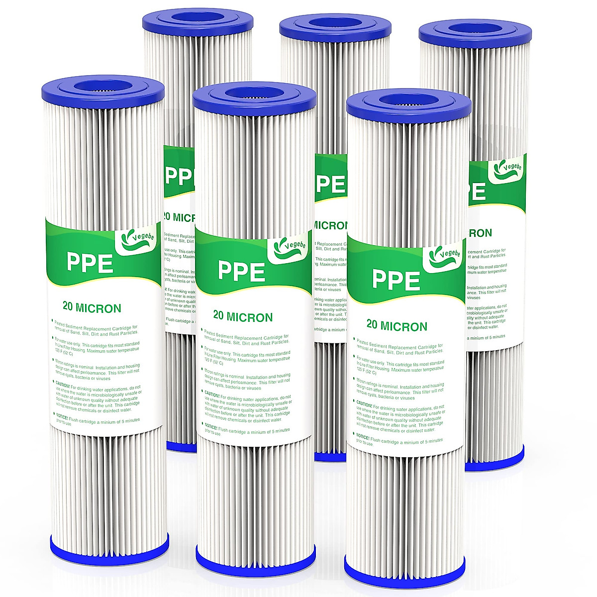 VEGEBE 20 Micron Water Filter 10" x 2.5", 10-inch Whole House Sediment Pre-Filters for Well & Tap water, Replacement Cartridge for FXWPC, EQ-PFC35, ECP5-10, S1, 3WH-STDPL-F02, SPC-25-1005, 6-Pack