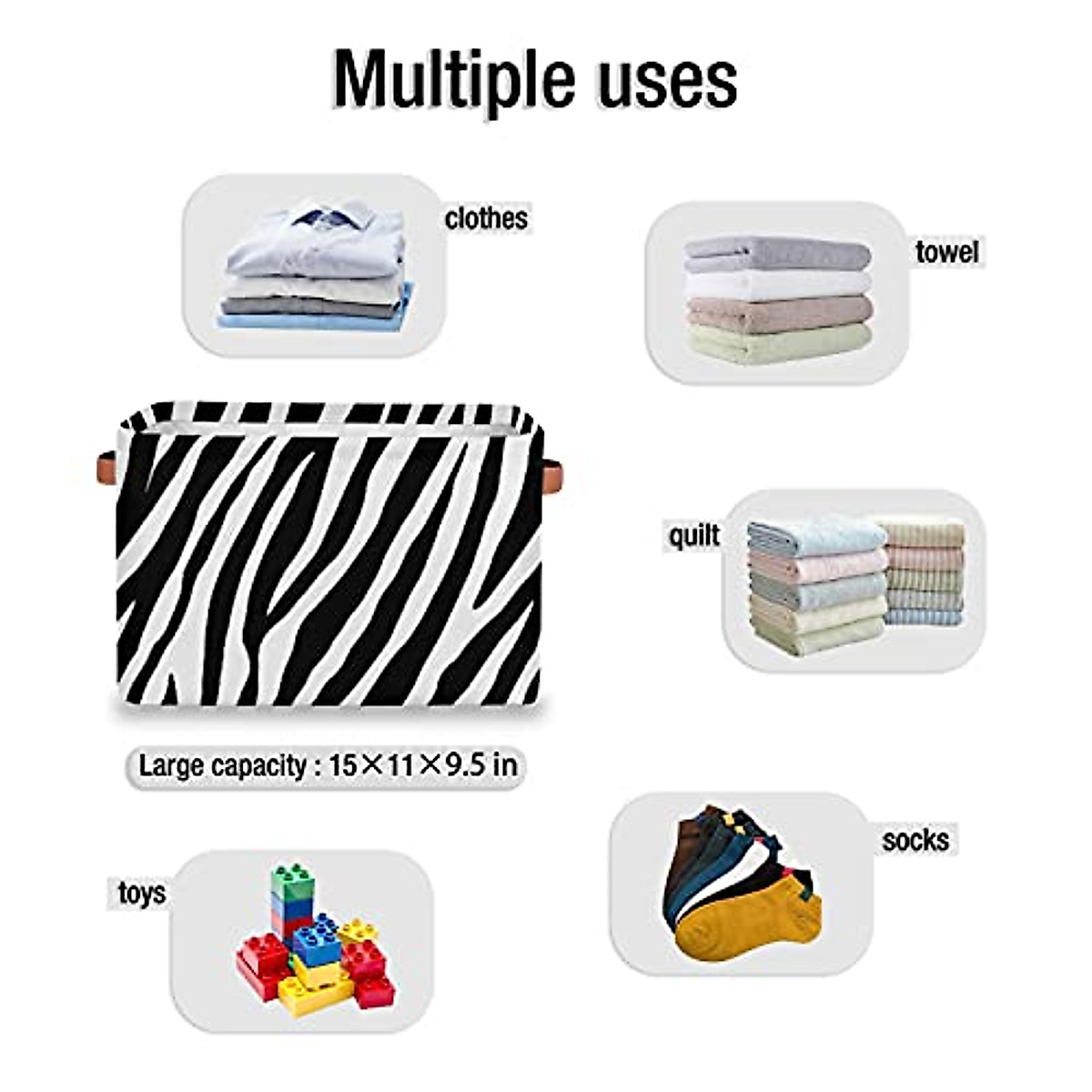 Storage Baskets Bin, Animal Zebra Skin Printed Collapsible Canvas Fabric Storage Bin Decorative Baskets Toy Organizer Rectangle Storage Boxes with Handles for Home Shelves Nursery,1Pack