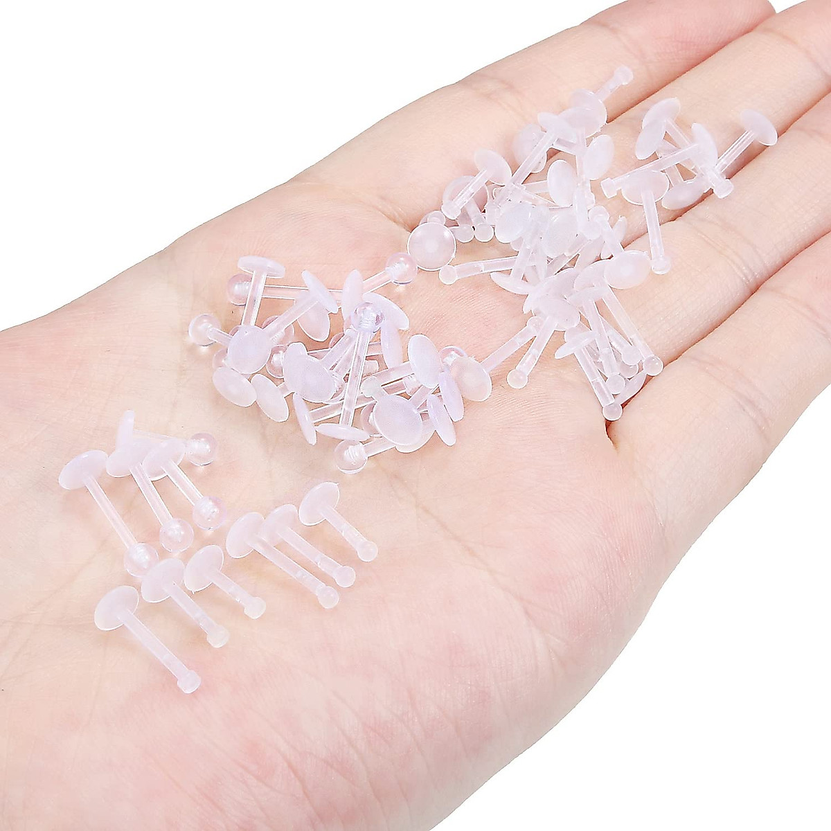 Lcolyoli 63PCS 16G Mix Length Clear Push Top Piercing Retainers Flat & Ball Top Bioflex Lip Rings Labret Medusa Retainer for Women Men 6-10mm Bar Length