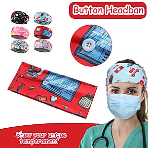 6 Pieces Button Headbands Non Slip Nurse Headbands Stretchy Headwraps Nonslip Yoga Sweatbands with Ear Protection Holder Elastic Headscarves for Yoga, Running, and Exercise, 6 Styles (Cute Pattern)