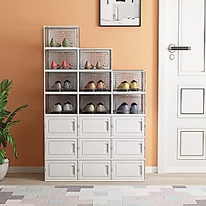 WAYTRIM 18 Pack Plastic Shoe Storage Box Flodable Shoe Storage Organizer Drop Front Shoe Storage Bins with Lids for Women Size 11,Saving Space Sneaker Shoe Container for Closets,Clear and White Set