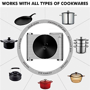 CUSIMAX Electric Hot Plate 1500W Single Burner Cast Iron Hot Plates for cooking Portable Stove Electric Burner with Adjustable Temperature Control Silver Stainless Steel Non-Slip Rubber Feet