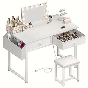 KAI-ROAD White Makeup Vanity Desk with Chair no Mirror, Small Vanity Table with Fabric Drawers, Power Outlet & Stool Without Mirror, Modern Make Up Desk Set for Bedroom