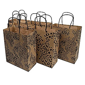 Brown Paper Gift Bags - 8x4x10 Inch 100 Pack Brown Animal Print Paper Bags with Handles, Cheetah, Zebra, Leopard, for Shopping, Small Business, Retail, Take-Out, Merchandise, Parties, Events
