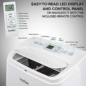 Ivation 13,000 BTU Portable Air Conditioner with Wi-Fi for Rooms Up to 500 Sq Ft (8,500 BTU SACC) 3-in-1 Smart App Control Cooling System, Dehumidifier and Fan with Remote, Exhaust Hose & Window Kit