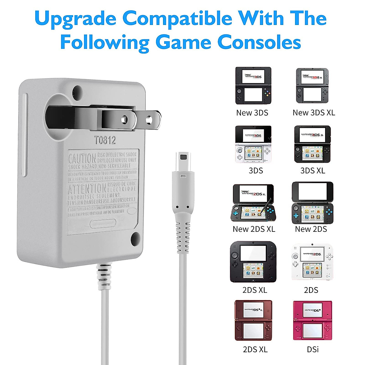 FIOTOK 3DS Charger, 3DS Charger Compatible with Nintendo 3DS/ New 3DS XL/DSi/DSi XL/2DS/ 2DS XL Wall Plug Adapter (100-240v)