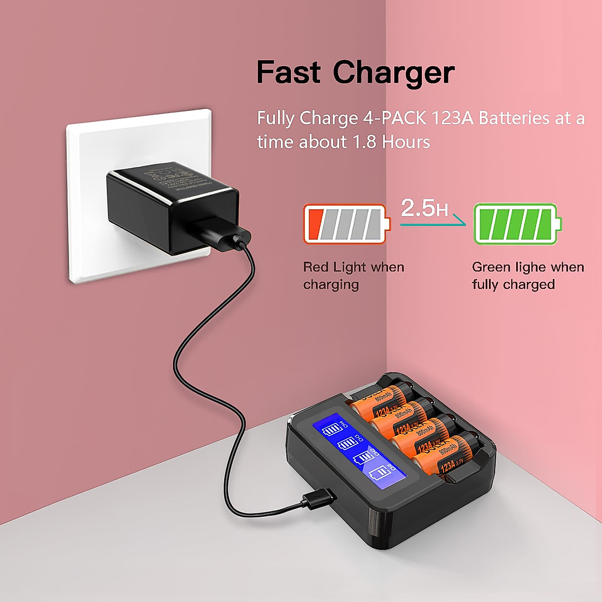 DULEX 4-Pack 3.7V 800mAH 123A Rechargeable Batteries and Charger Replacement 3V CR123A Batteries Compatible with Arlo VMS3130 VMC3030 3200 3330 3430 3530 Security Cameras, Alarm System, Flashlight