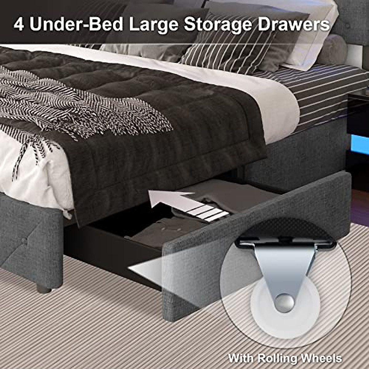 HOMFAMILIA Queen Bed Frame with Headboard and Drawers, LED Bed Frame with Adjustable Storage & LED Lights Headboard, Upholstered Platform Bed with 2 USB Ports, No Box Spring Needed, Dark Grey