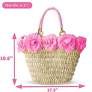 QTKJ Beach Bag for Women, Straw Handmade Handbag, Pink Leather Braided Handle and Flower Decoration, Boho Retro Woven Shoulder Bag, Large Tote Bag for Vacation Travel Work