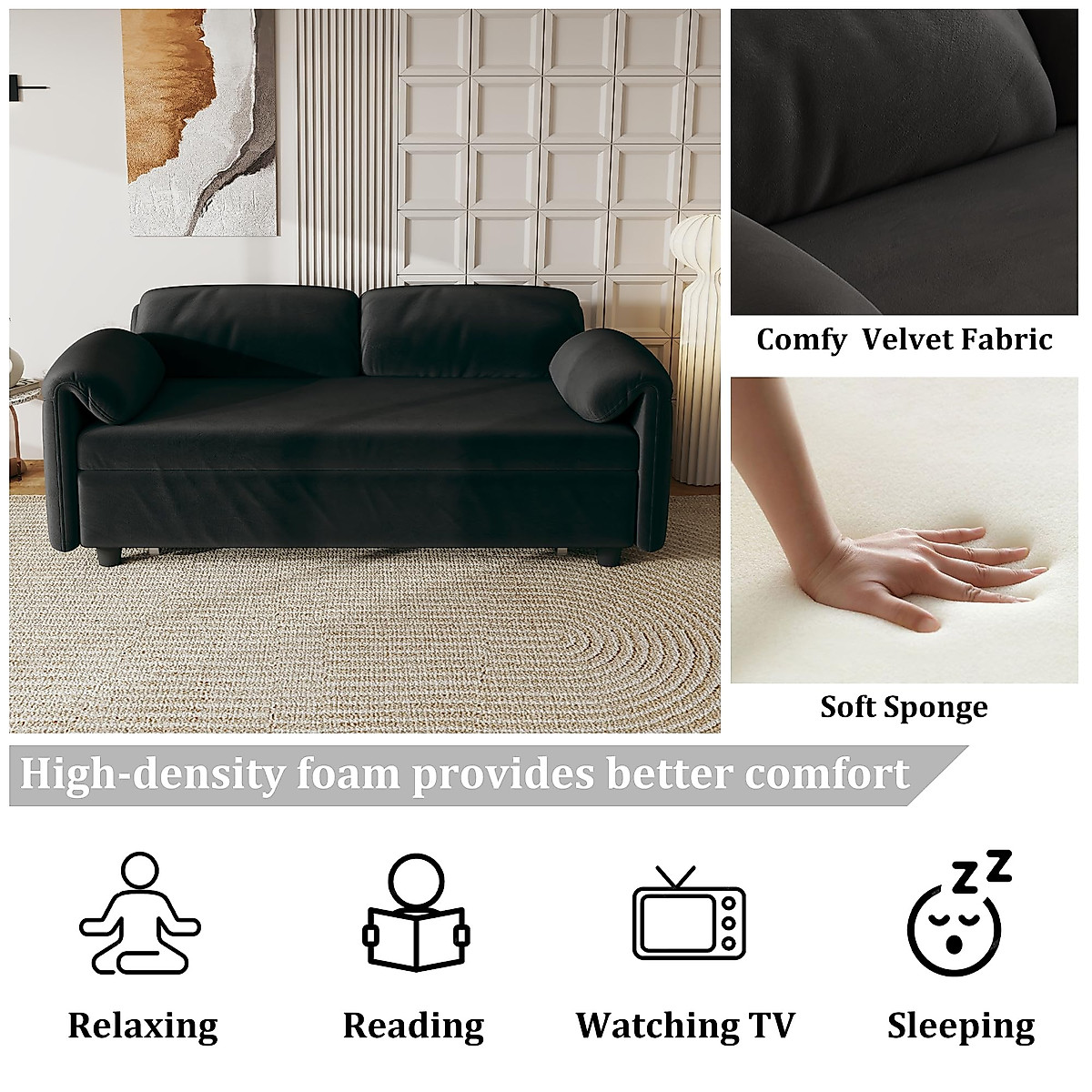 ARCLIS Pull Out Sofa Bed, 53'' Loveseat Sleeper, 3-in-1 Velvet Sleeper Sofa, Convertible Sofa Bed with Adjustable Backrest, Sleeper Couch for Living Room Bedroom Small Space (Black)