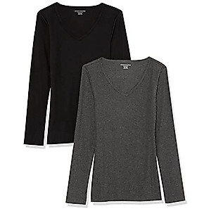 Amazon Essentials Women's Slim-Fit Layering Long Sleeve Knit Rib V-Neck (Available in Plus Size), Pack of 2, Black/Charcoal Heather, Small