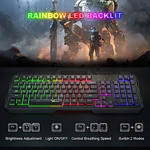 Gaming Keyboard, WisFox Colorful Rainbow LED Backlit Wired Computer Gaming Keyboard with 104 Keys, USB Wired Keyboard and Spill-Resistant for Windows PC Gamers Desktop PS4 (Renewed)