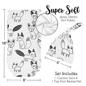 Sweet Jojo Designs Woodland Fox Baby Boy or Girl Cocoon and Beanie Hat Set Jersey Stretch Knit Sleeping Bag for Infant Newborn Nursery Sleep Wrap Sack - Black and White Forest Animal Gender Neutral