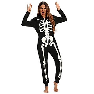 Veseacky Novelty Adult Glow in The Dark Skeleton Zipper Jumpsuit Pajamas for Family Long Sleeve Rompers Hooded with Pockets XX-Large