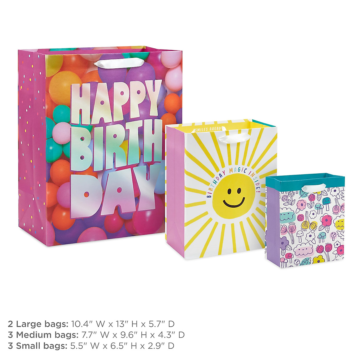 Hallmark Assorted Birthday Gift Bags (8 Bags: 3 Small 6", 3 Medium 9", 2 Large 13") Smiling Sun, Balloons, Cute Flowers and Plants