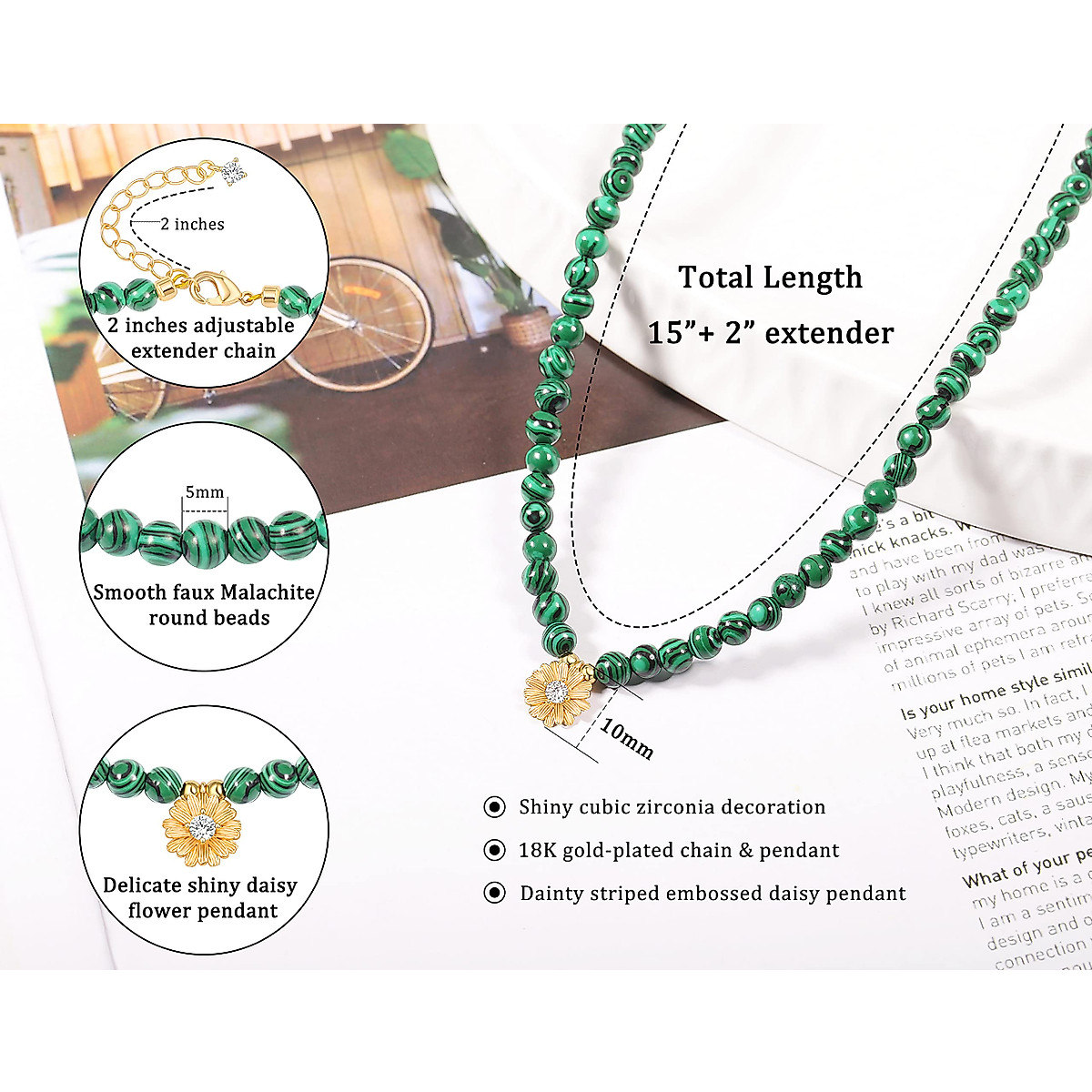 PERNNLA PEARL Protection Malachite Crystal Beaded Necklace for Women Cute Daisy Flower Gold Pendant Choker Necklace Dainty Handmade Boho Jewelry 15”