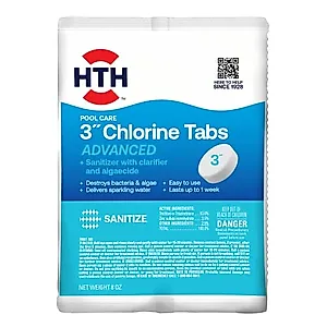HTH Pool Care 3" Chlorine Tabs Advanced, Swimming Pool Chlorinating Sanitizer & Algaecide, Kills Algae and Bacteria, 8 oz