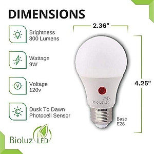 Bioluz LED 3 Pack Dusk to Dawn A19 Bulb Auto On/Off 60W Replacement 9W Photocell Photosensor Instant ON and 3 Min Delay OFF 3000K Soft White Indoor/Outdoor Lighting Lamp Garage Hallway Yard Porch UL