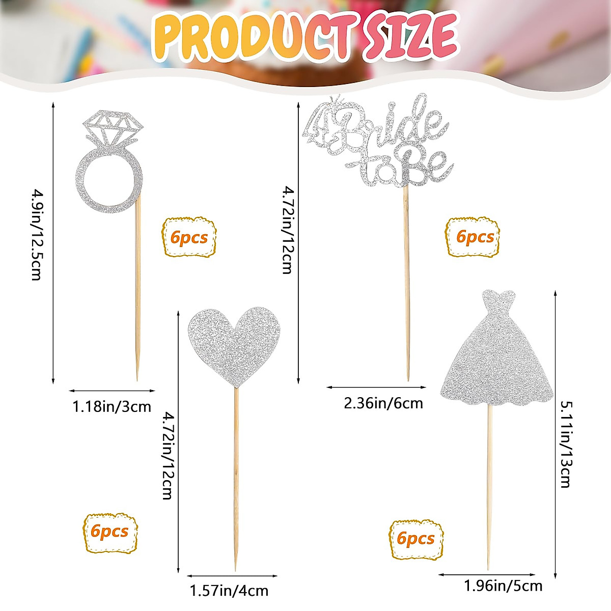 24 Pcs Glitter Bride Cupcake Toppers, Heart Ring Dress Cupcake Toppers Silver Glitter Wedding Cupcake Toppers Bridal Shower Cupcake Picks for Wedding Bachelorette Party Engagement Party Supplies