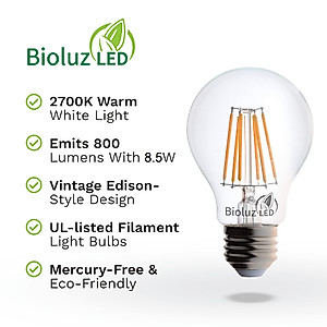 Bioluz LED 92 CRI E26 LED Bulb 60 Watt Dimmable Edison Bulbs Warm White Clear Pendant Light Bulbs UL Listed Title 20 High Efficacy Lighting 6-Pack