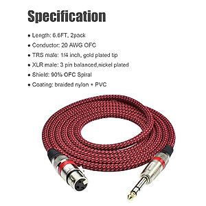 Mugteeve 1/4" TRS to XLR Female Cable Adapter Balanced, 6.6FT Stereo Quarter Inch TRS to XLR Microphone Cable, Nylon Braided, OFC Shielded, Red Color, for Mic/Speaker/Mixer - 2Pack