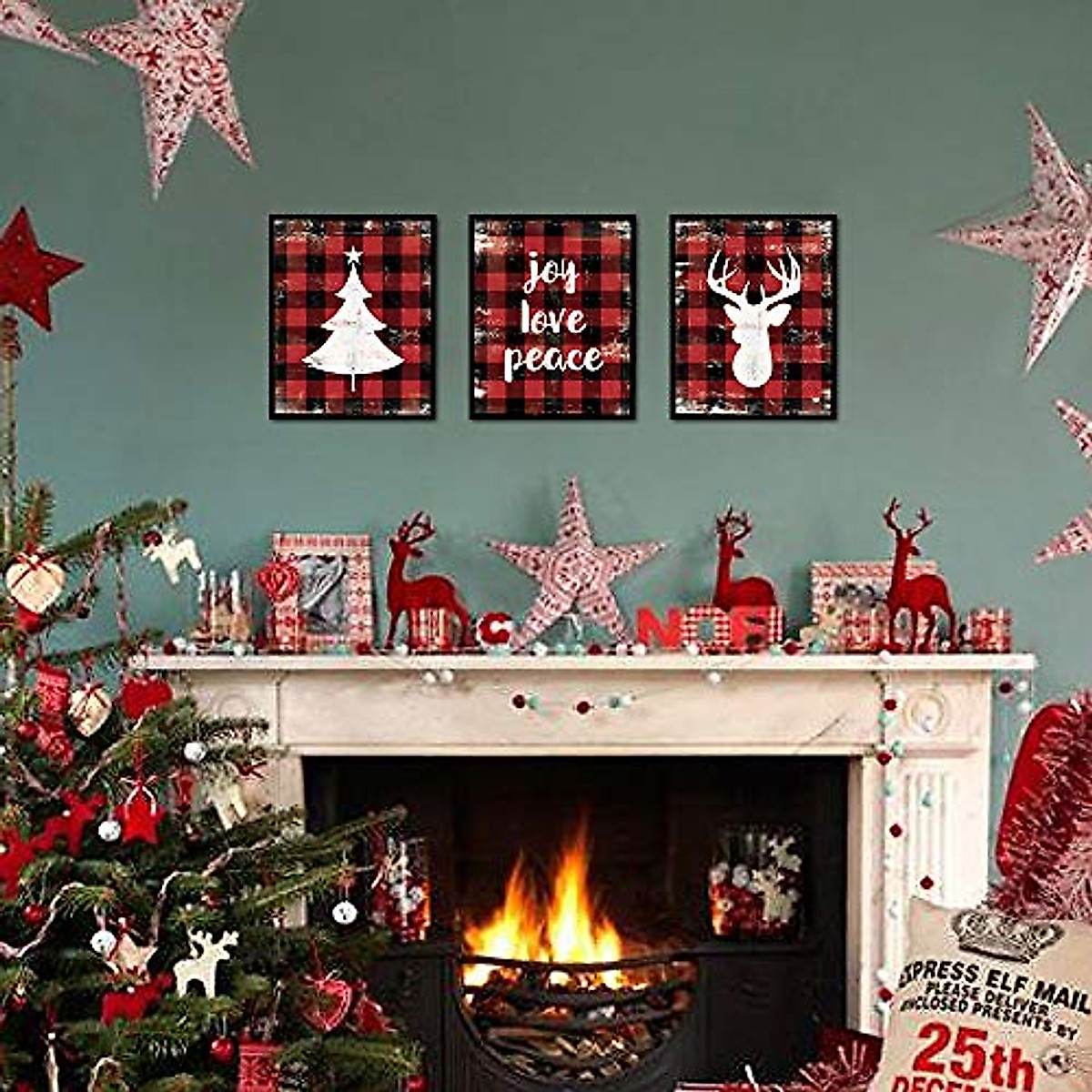 SUMGAR Christmas Wall Art Prints Unframed 8x10 Farmhouse Decor Red Black Buffalo Posters Quotes Pictures Artwork Set of 3