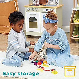 Teamson Kids Little Chef Frankfurt 21 Piece Wooden Pull-Apart Produce Food Set with Fruits and Vegetables Plus Mesh Grocery Shopping Bag, Multicolor , Green