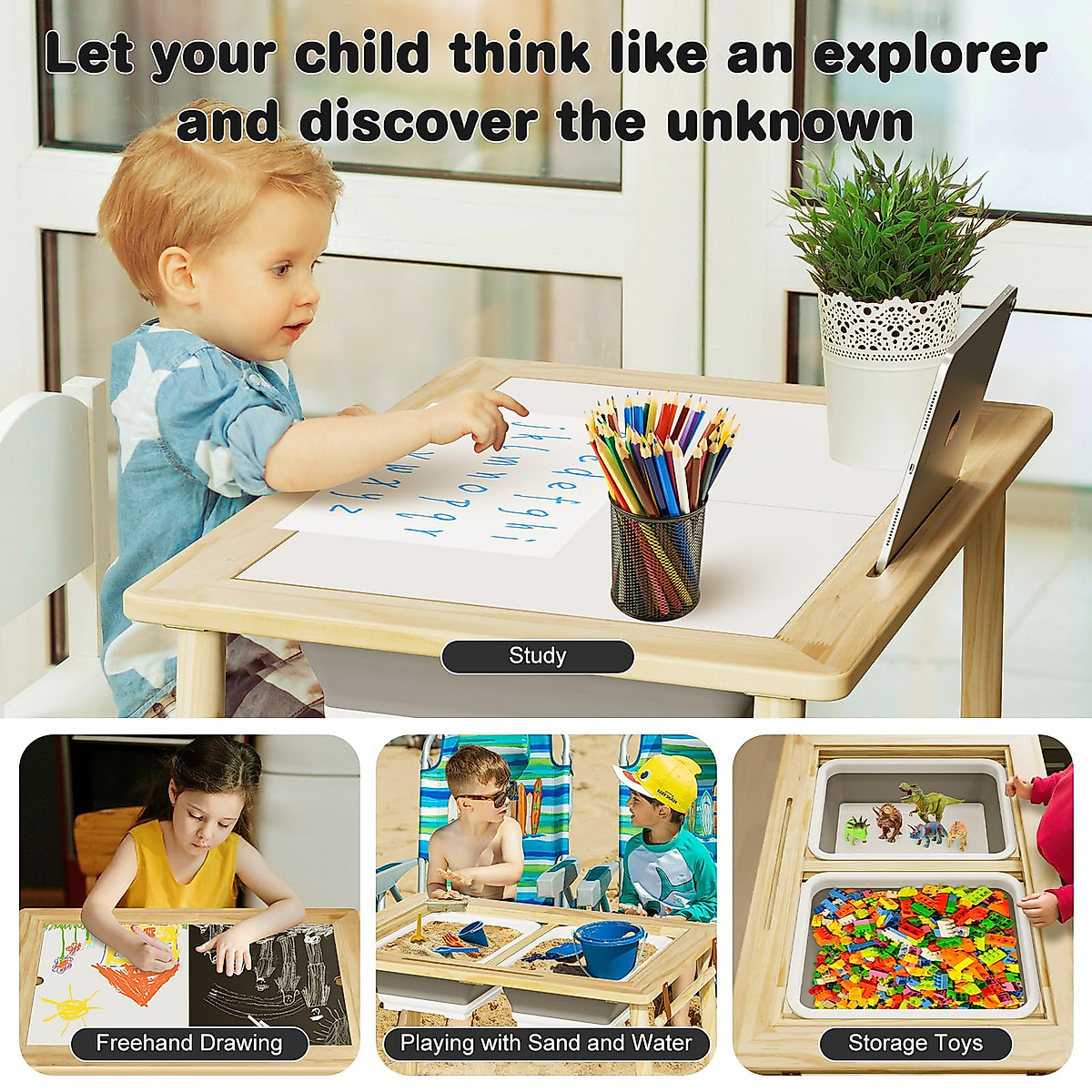 Sensory Table for Toddlers 1-3 - Multifunction Toddler Activity Table with Block Lid & 2 Storage Bin,Sturdy Play Sand Table,Kids Table for Indoor and Outdoor,Christmas and Birthday Gifts