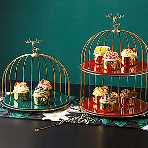 XENITE Dessert Bird Cage Cake Stand for Dessert Table Gold Metal Cosmetics Dessert Display Holder W/Ceramic Tray & Elk Top for Celebrations Home Decorations Fruit Plate