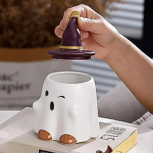 ALASSE Halloween Mug, Hat Ghost Drinking Cup, Spooky Mug, Cute Ceramic Ghost Mug with Lid, Novelty Coffee Mugs, White Coffee Mug Decor for Halloween Table Centerpieces, Mug for Child