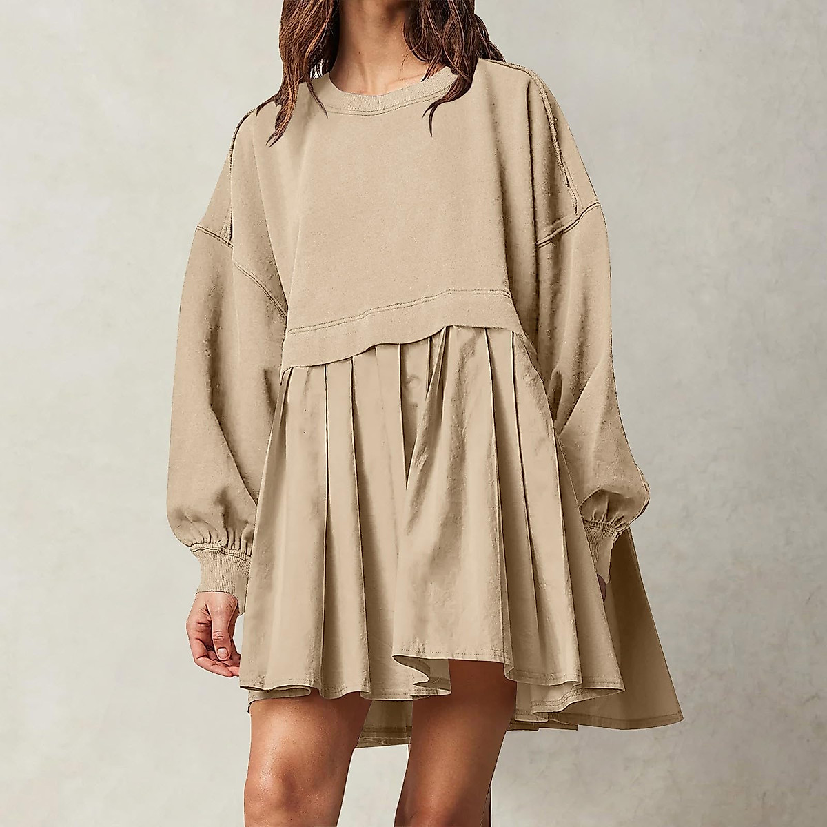 MFNDVD Orders Placed by me Women's Plus Size Sweatshirt Dress Crewneck Long Sleeve Pullover Patchwork Dress Short Fall Clothes Trendy 2025 Beige Dress for Women X-Large