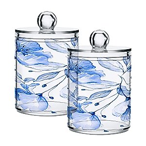 Kigai Blue Flowers Qtip Holder - 14OZ Clear Plastic Apothecary Jars Bathroom Canister Dispenser Organizer Vanity Storage Jar with Lid for Cotton Ball, Cotton Swab, Floss (2PACK)