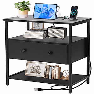 Edbuosy 27 inch Nightstand Side Table with 1 Layer of Wooden Drawers，Nightstand with Charging Station,End Table Bedside Table with USB Ports and Outlets (Black)