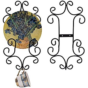MyGift Wall Plate Display Holder, Set of 2 - Vintage Scroll Work Style Black Metal Wall-Mounted Tea Cup and Saucer Hanging Rack, Holds Plates Up To 11 Inches