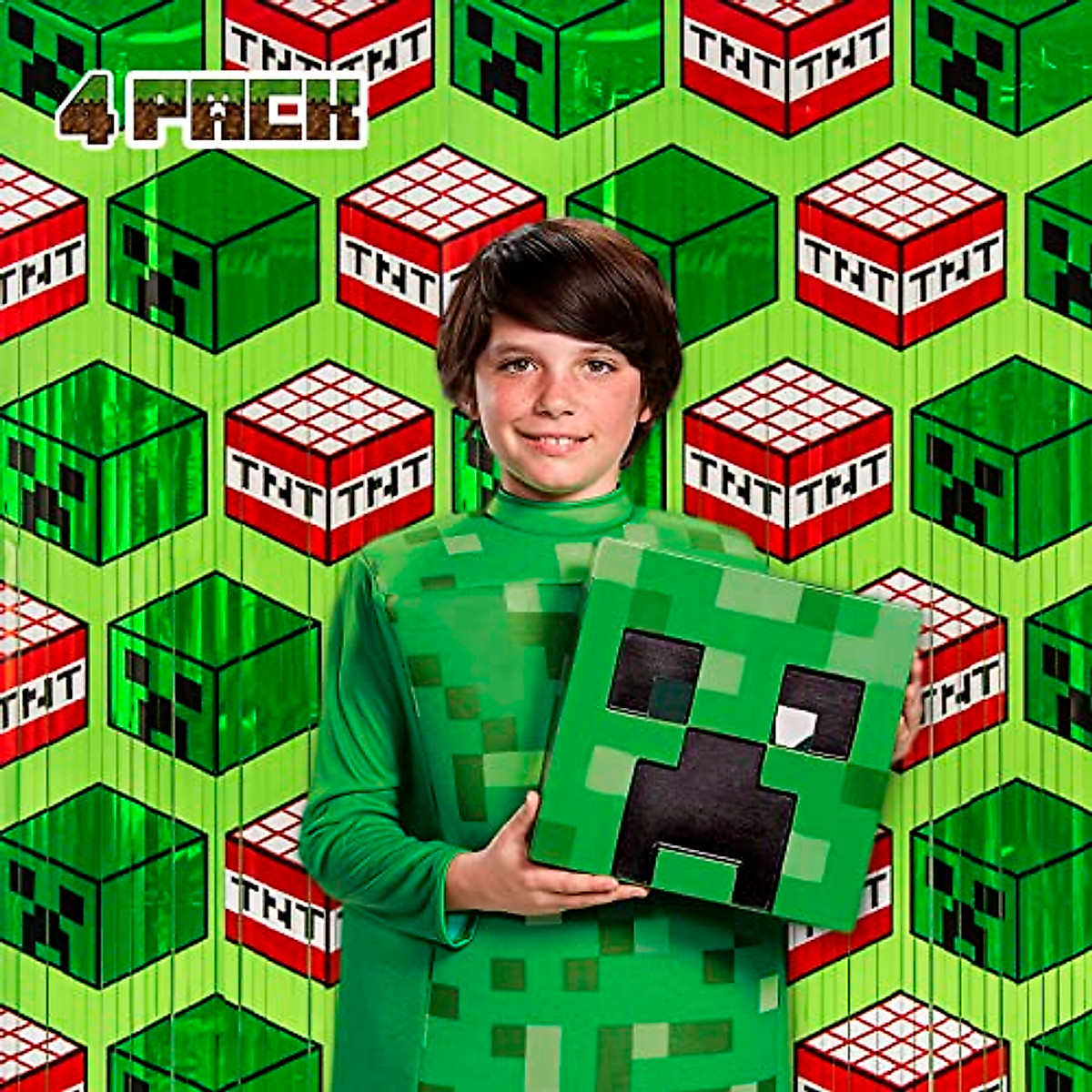 Bupelo Pixel Game Themed Party Supplies,4 Pack Creeper & TNT Tinsel Foil Fringe Curtains,Miner Themed Photo Booth Prop Backdrop Streamer,Miner Crafting Birthday Party Decorations,Room Decor for Kids