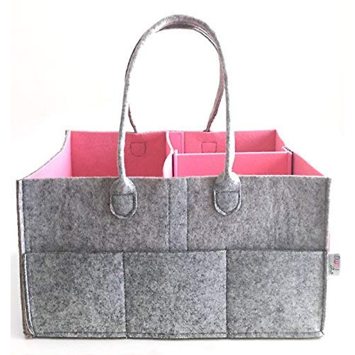 Baby Diaper Caddy | 13X9X7 | Nursery Storage and Car Organizer for Diapers and Wipes | Grey with Pink Removable Dividers