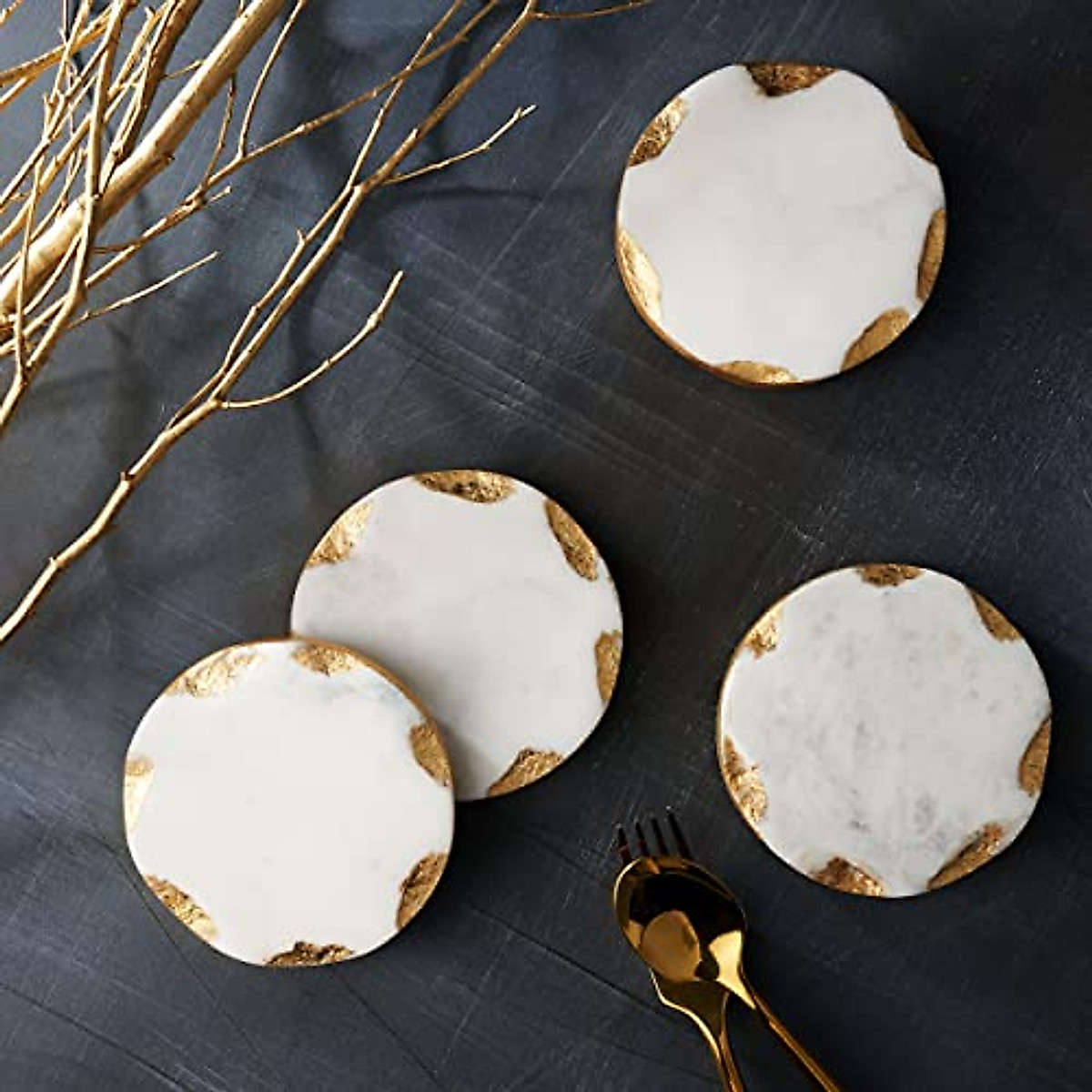 Godinger Round Coasters Gold Edge, Marble Coaster Set, Table Protection, Set of 4