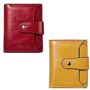 BOSTANTEN Women Leather Wallet RFID Blocking Small Bifold Zipper Pocket Wallet Card Case Red and Yellow Bundle