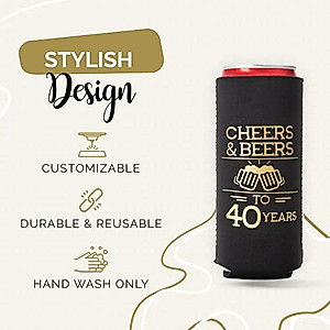 Cheers & Beers to 40 Years Slim Can Coolers, 40th Birthday Party Coolies, Set of 12, Black and Gold Thirtieth Birthday Cup Coolers, Perfect for Birthday Parties, Birthday Decorations