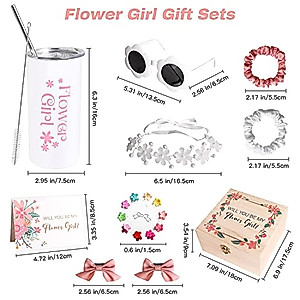 9 Pcs Flower Girl Gifts Set, Flower Girl Proposal Gifts Box, Will You Be My Flower Girl for Wedding, Flower Girl Sunglasses Hair Accessory Hairpins Hair Ring Tumbler Cup Wedding Gift Set Wooden Box