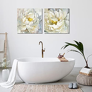 SEVEN WALL ARTS Flower Canvas Wall Art Peony Floral Pictures Set Abstract White and Yellow Blossom Paintings for Bedroom Bathroom Kitchen Office Living Room Wall Decor 24"x24"x2pcs