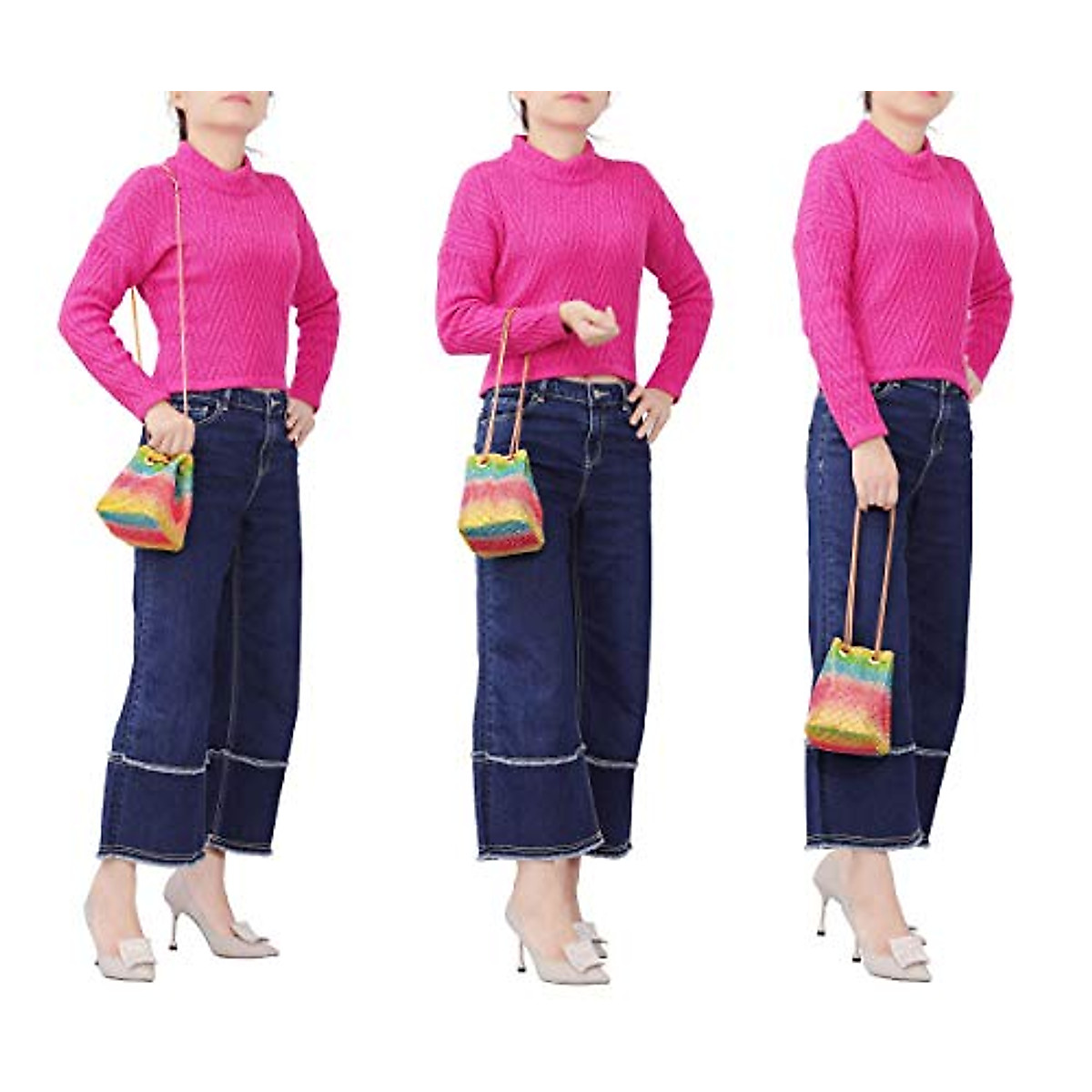 molshine Rainbow Rhinestone Evening Handbag, Weave Mesh Shoulder Bag,Classic Fashion Totes,Party pouch Purse for Women,Girls,Lady,Model